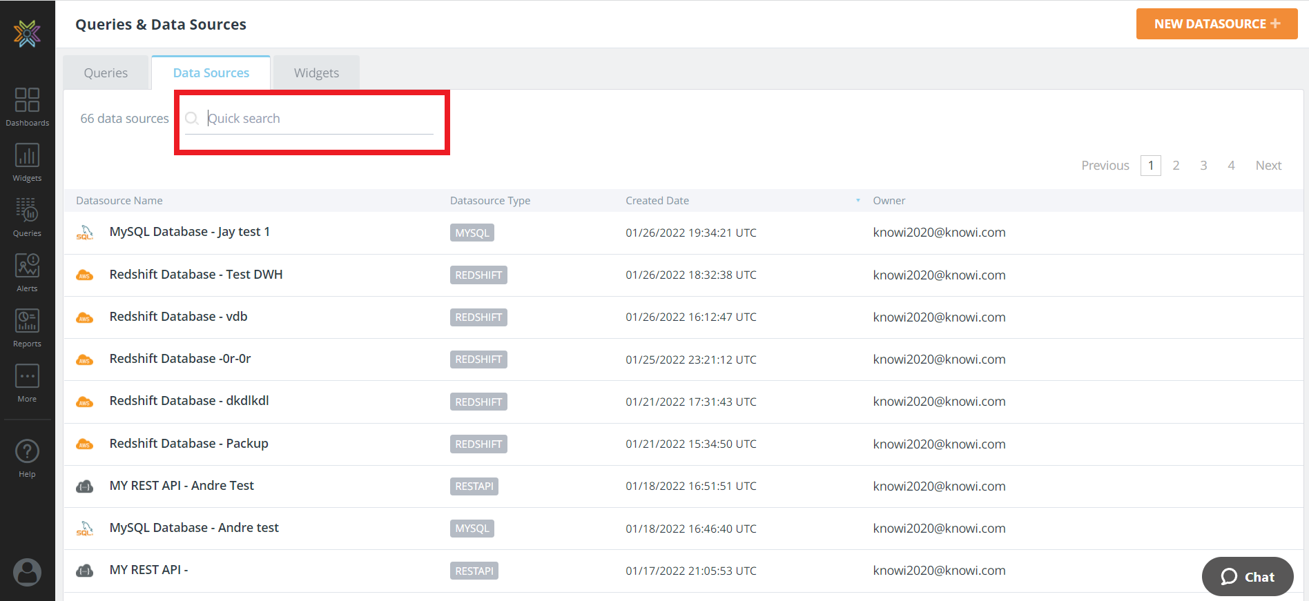 Datasource, Query, & Widget Listing – Documentation and Support | Knowi