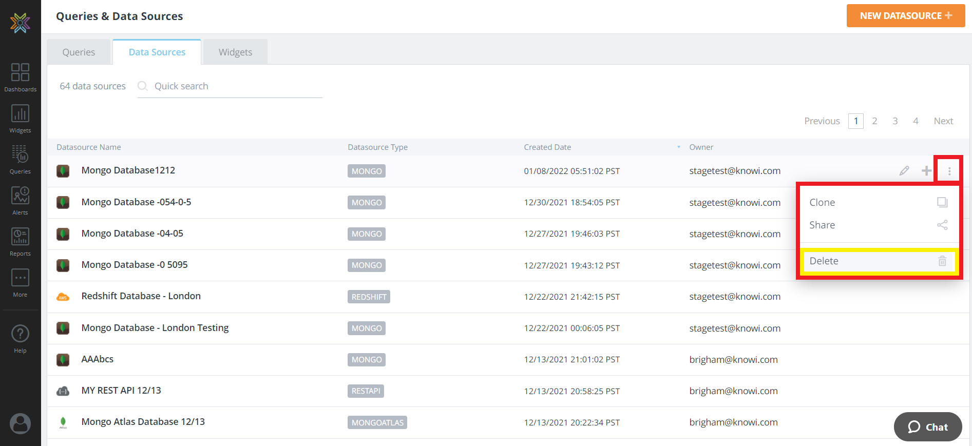 Datasource, Query, & Widget Listing – Documentation and Support | Knowi
