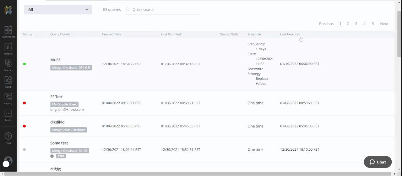 Datasource, Query, & Widget Listing – Documentation and Support | Knowi